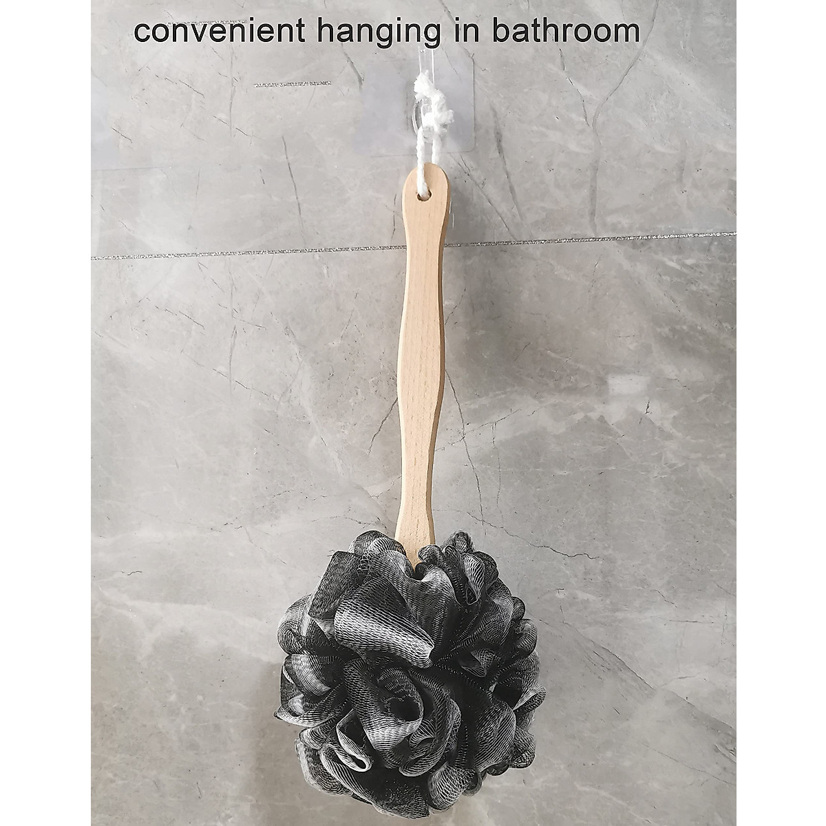 Arswin Shower Sponge Loofah Back Scrubber,Loofah on a Stick,PE Soft Mesh Loofah Body Scrubber with Wooden Handle,Bath Sponge for Women Kids (Black)