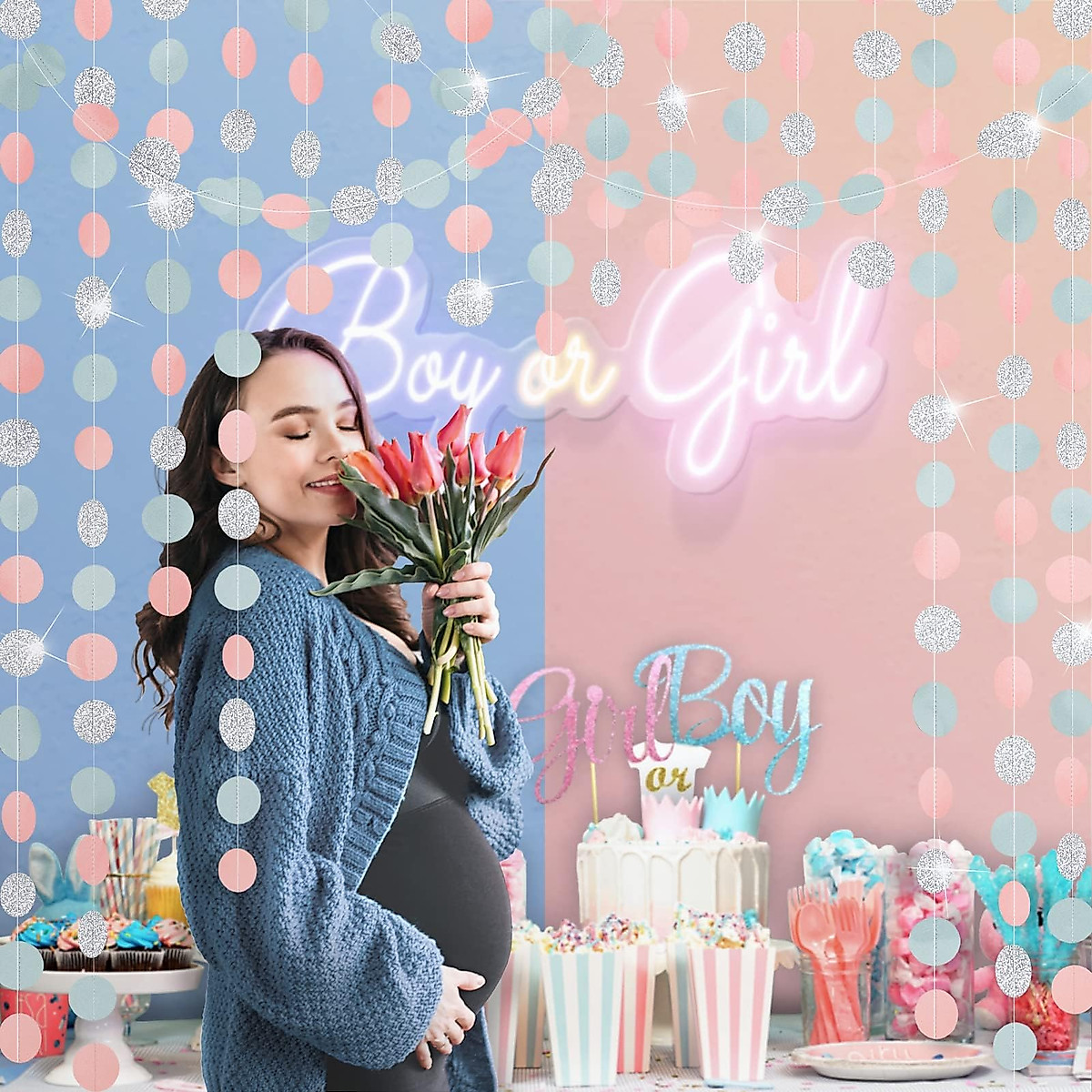 Cheerland Party Decorations Glitter Silver Blue Pink Circle Garlands Streamer Hanging Dots Decoration Backdrop for Wedding Engagement Birthday Bridal Baby Shower Backdrop Party Supplies