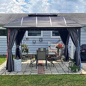10x12Ft Hardtop Gazebo Aluminum Frame Galvanized Steel Double Roof Patio Gazebo Outdoor Canopy Tent with Zippered Mosquito Netting and Curtains, Black