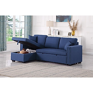 poplarbox L Shape Couch with Pull Out Bed, 84" Small Blue Sectional Sleeper Sofa with Storage Chaise, Convertible Pull Out Couch Bed for Bedroom, Living Room