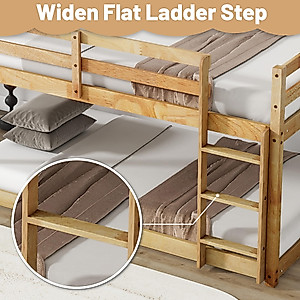 LUKEEHOM Bunk Bed Twin Over Twin, Wood Low Profile Floor Twin Bunk Beds with Ladder Guardrails for Kids Boys and Girls, No Box Spring Needed