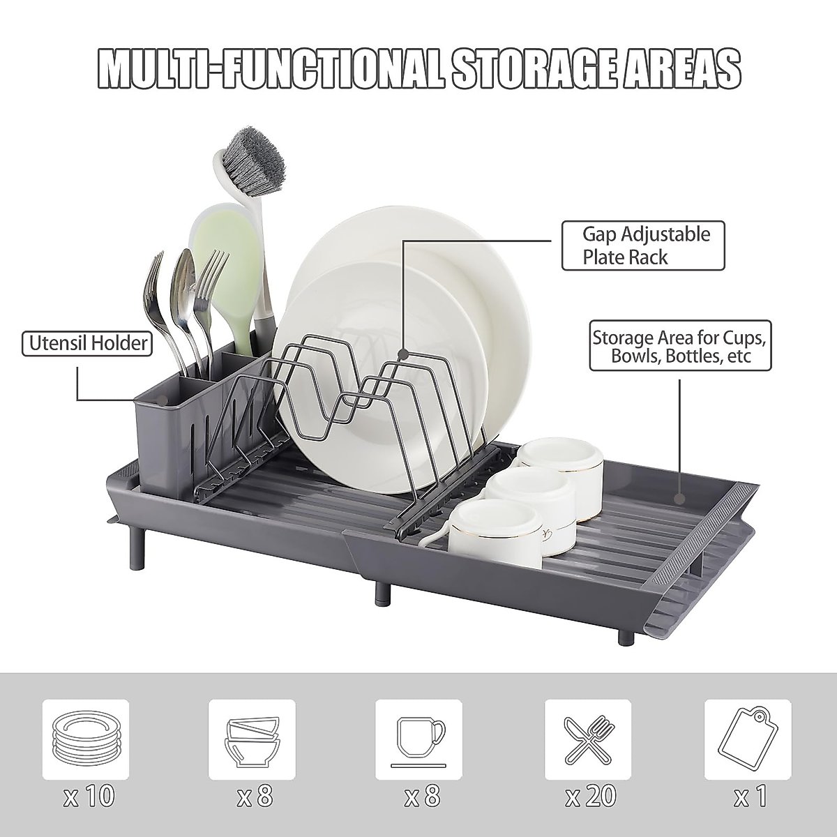 CLNGAI Expandable Dish Drying Rack, Compact Dish Drainer with Removable Utensil Holder,Space Saving Rust-Proof Small Adjustable Plate Rack for in Sink or Kitchen Counter (Gray)