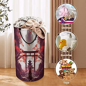 Fantasy Burgundy Nature Landscape Laundry Hamper Dirty Clothes,Watercolor Cool Japanese Torii Samurai Cabin Autumn Falling Leaves Large Laundry Basket Storage Basket For Bathroom 15.7W" X27.2H"