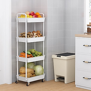 JIUYOTREE 4-Tier Rolling Storage Cart Utility Cart with Lockable Wheels for Living Room Bathroom Kitchen Office White