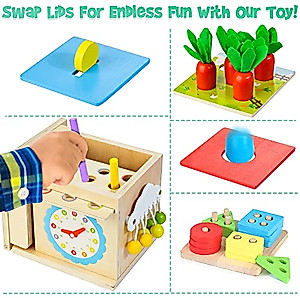 Kizfarm Wooden Montessori Baby Toys, 8-in-1 Wooden Play Kit Includes Object Permanent Box, Coin Box, Carrot Harvest, Shape Sorting & Stacking - Christmas Birthday Gift for Boys Girls Toddlers
