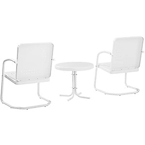 Crosley Furniture KO10019WH Bates 3-Piece Retro Metal Outdoor Seating Set with Side Table and 2 Chairs, White Gloss and White Satin