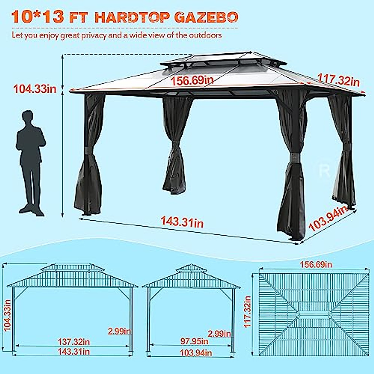 VEIKOU 10' x 13' Gazebo, Hardtop Gazebo w/Aluminum Frame & Polycarbonate Double Roof, Patio Gazebo with Netting and Curtains, Heavy-Duty Pergolas and Gazebos for Backyard, Deck and Lawns