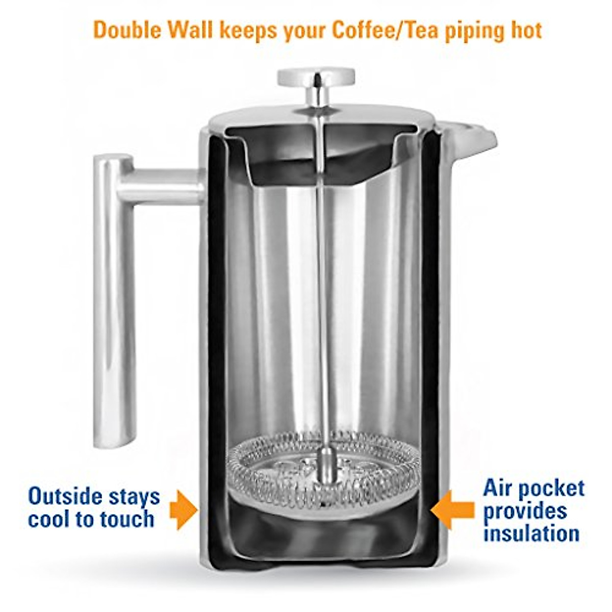 Brew Evolution 20 oz Stainless Steel French Press Coffee Maker | Double Walled Insulated Coffee & Tea Brewer Pot & Maker | Keeps Brewed Coffee or Tea Hot | 600 ml, Hawaiian Blue