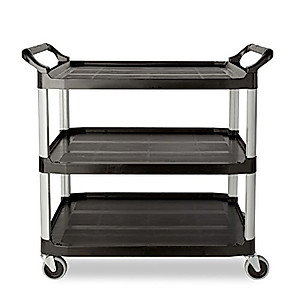 Rubbermaid Commercial Products Heavy Duty 3-Shelf Rolling Service/Utility/Push Cart, 300 lbs. Capacity, Black, for Foodservice/Restaurant/Cleaning (FG409100BLA)