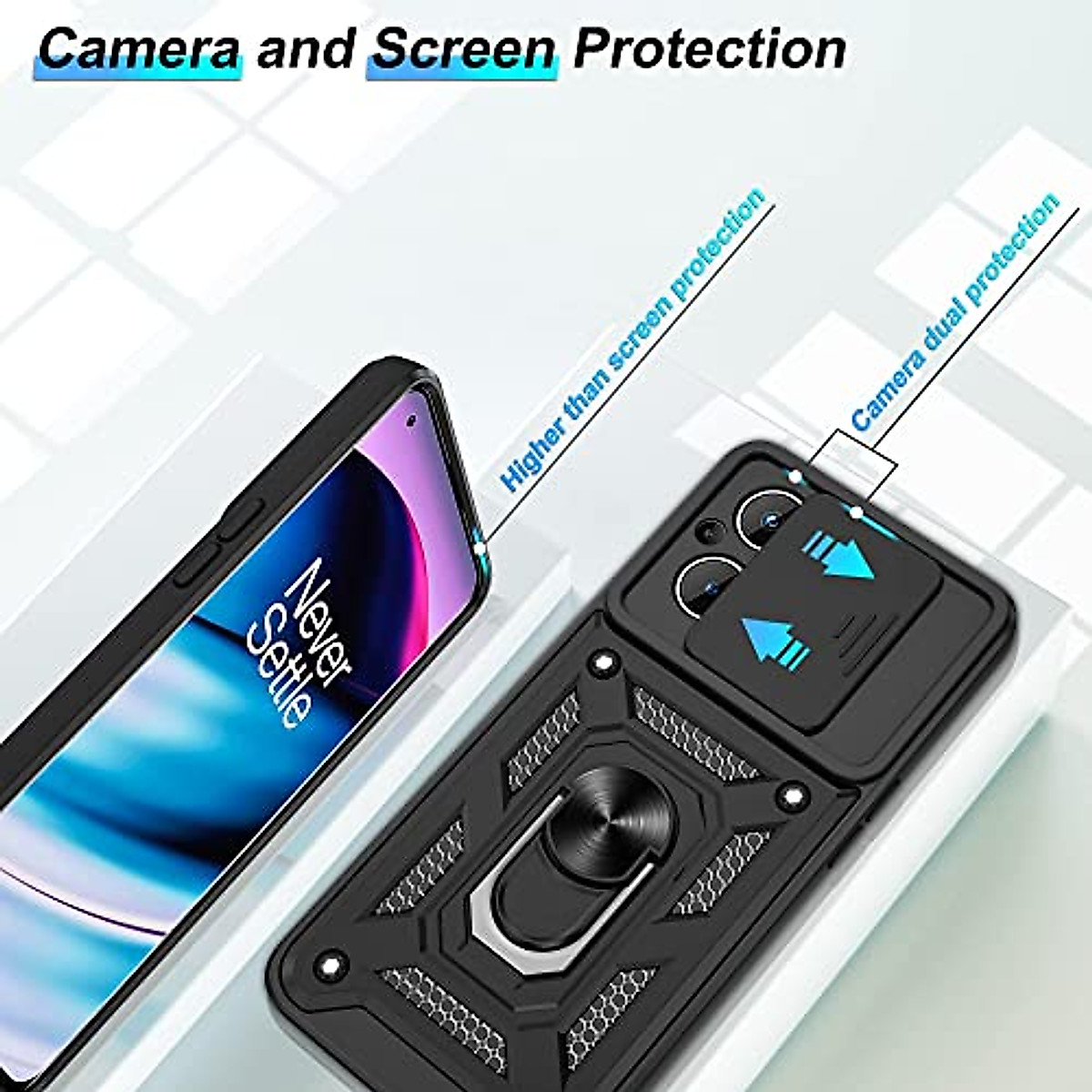 for OnePlus Nord N20 5G Case with HD Screen Protector, Heavy Duty Shockproof Protective Case with Metal Kickstand [Military Grade] Protective Case for OnePlus Nord N20 5G, Black