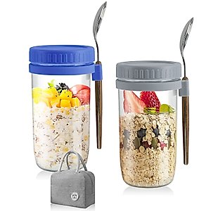 Overnight Oats Containers With Lids And Spoons, 2 Pack Mason Jars For Overnight Oats, 21oz Leak-Proof Glass Overnight Oats Container Breakfast Yogurt Meal Prep Container Fruit Salad Parfait Cups