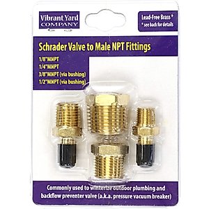 Schrader Valve to Male NPT Fittings | Adapters to Winterize Backflow Preventer and Pressure Vacuum Breaker (PVB) for Sprinkler Systems| Blowout Method Using Air Compressor (Lead-Free Brass)