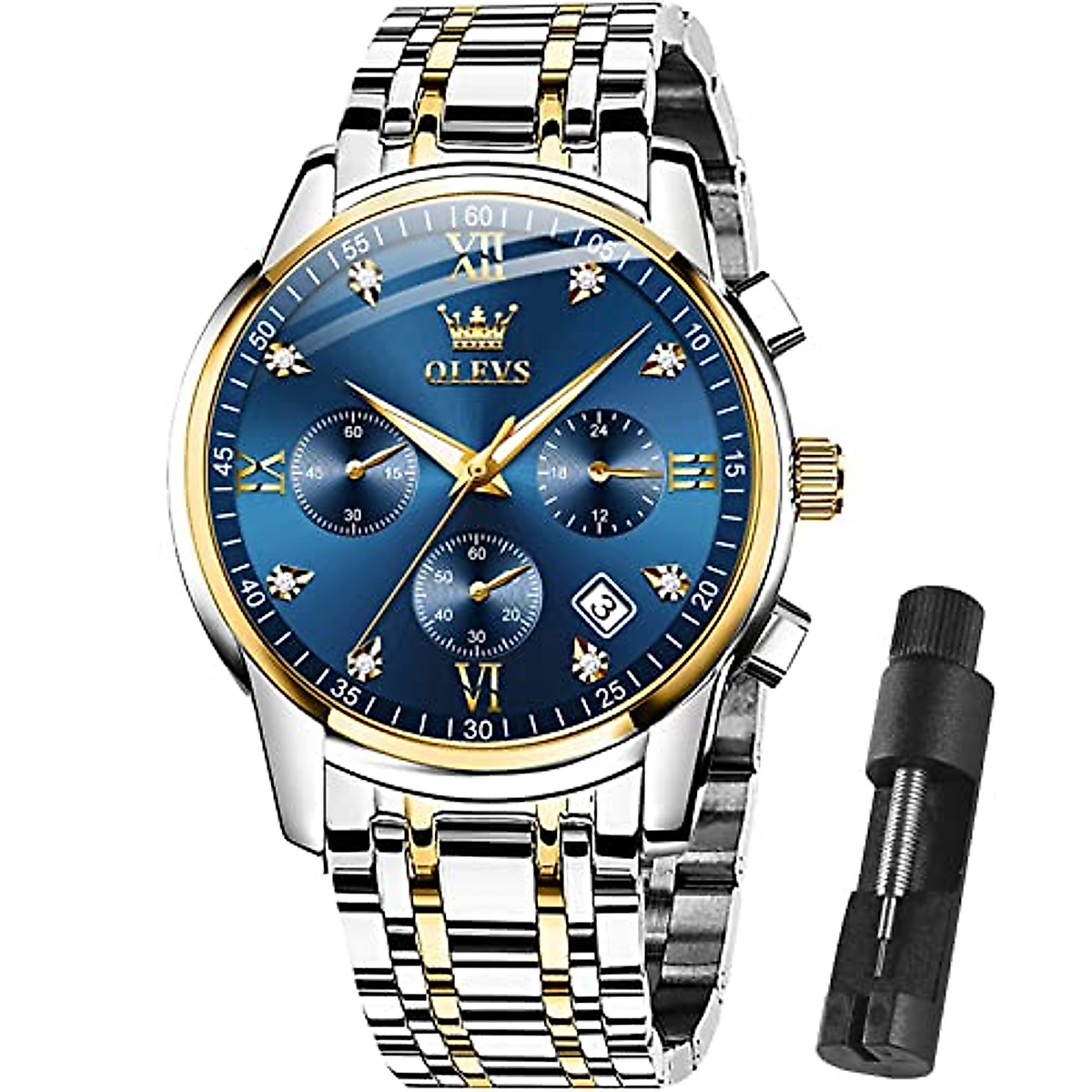 OLEVS Blue and Gold Two-Tone Watches for Men Fashion Multifunction Watches Date Waterproof Chronograph Wristwatches, Stainless Steel Watch Band Waterproof Watch Luminous