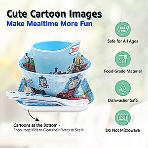 Finex Thomas the Train 5 Pcs Set Children Cartoon Durable Tableware Meal Dishes Mealtime Food Feeding Eating Set includes Dinner Serving Bowl Plate Cup with a Matching Spoon and Fork for Kids