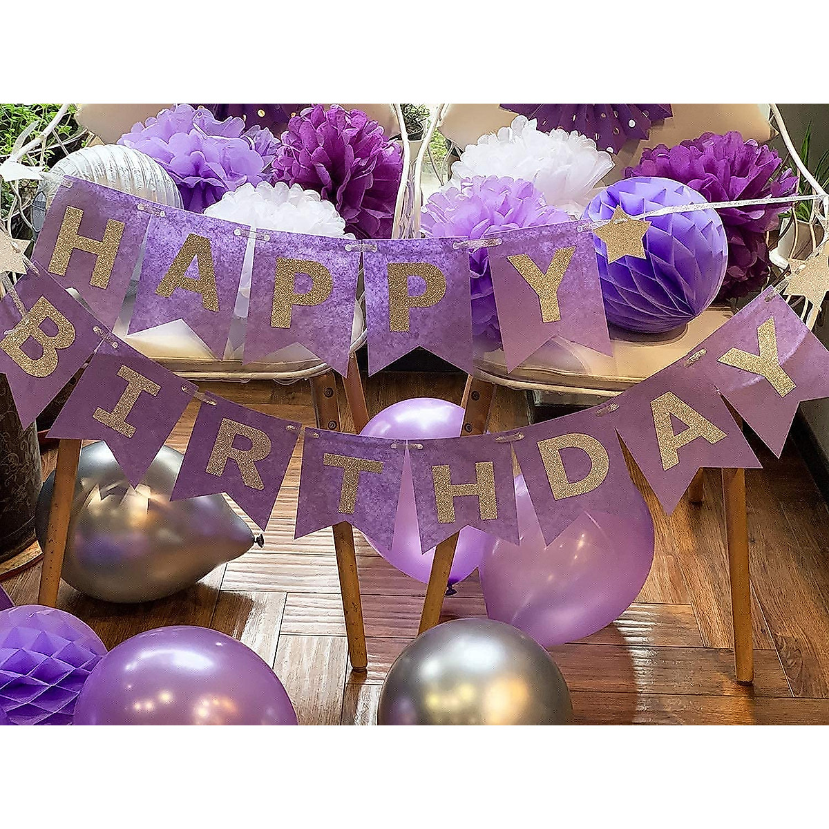 Birthday Party Decorations for Women Purple Silver Happy Birthday Banner Purple Balloons Polka Dot Paper Fans/Girl Purple Birthday/Women 40th/50th/60th Purple Birthday Party Decorations