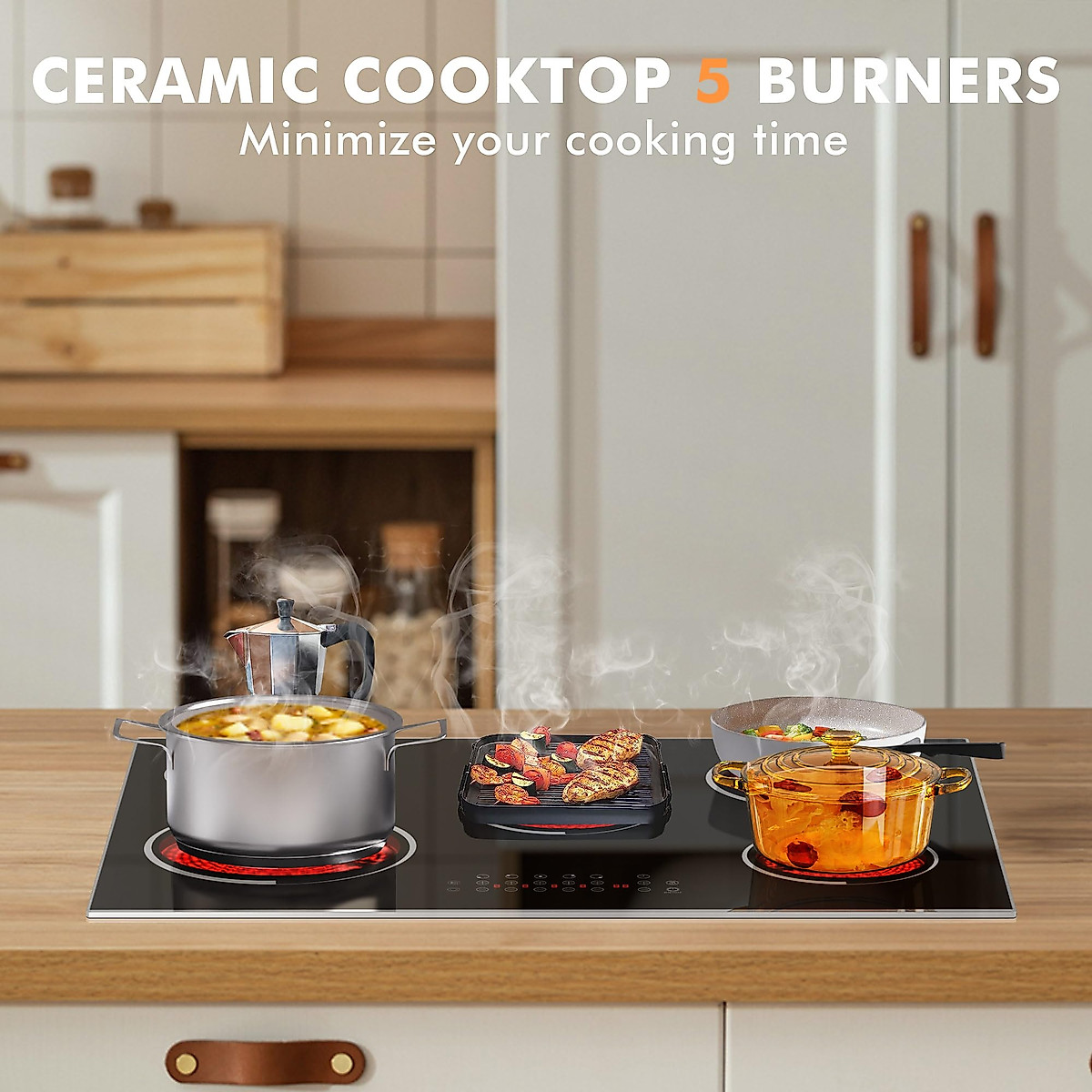 Jessier Electric Cooktop 30 Inch - 5 Burners Built-in Ceramic Cooktop, 30" Electric Stove Top with Glass Protection Metal Frame, 9 Heating Level, 8400W, 220-240V for Hard Wire(No Plug)