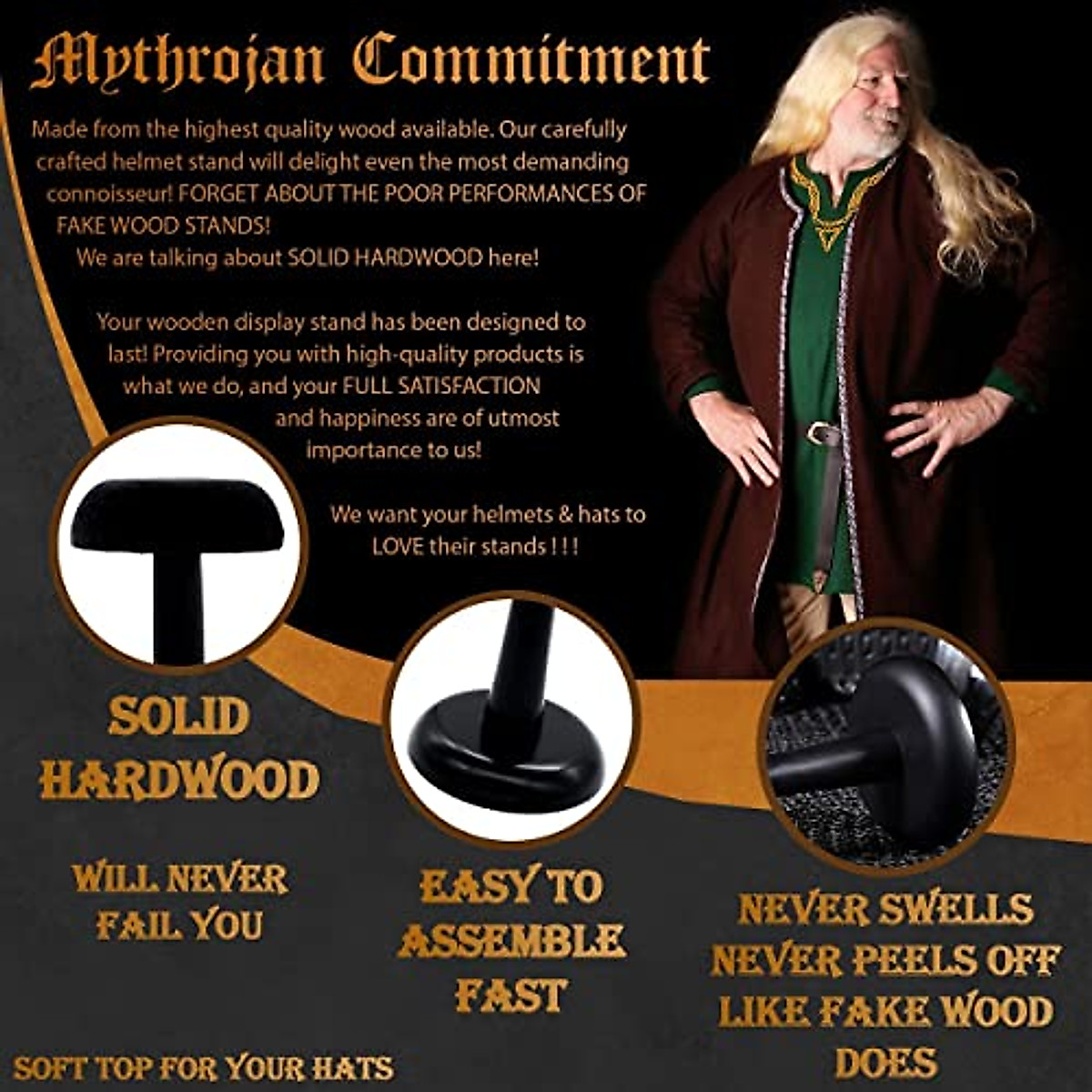 Mythrojan 14.5 Inch SOLID WOOD HAT DISPLAY STAND Sturdy Wooden Display Stand for Medieval Renaissance Cosplay Halloween Pin up Retro Hats