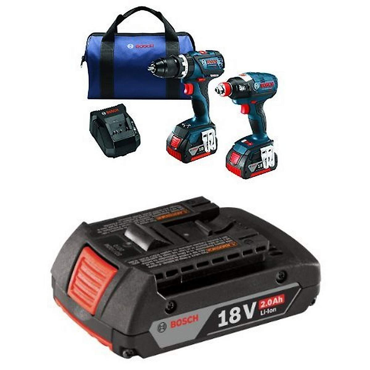 Bosch CLPK251-181 18V 2 Tool Combo Kit with 1/4" and 1/2" Socket Ready Impact Driver and 1/2" Hammer Drill/Driver, Blue with 2.0 AH battery