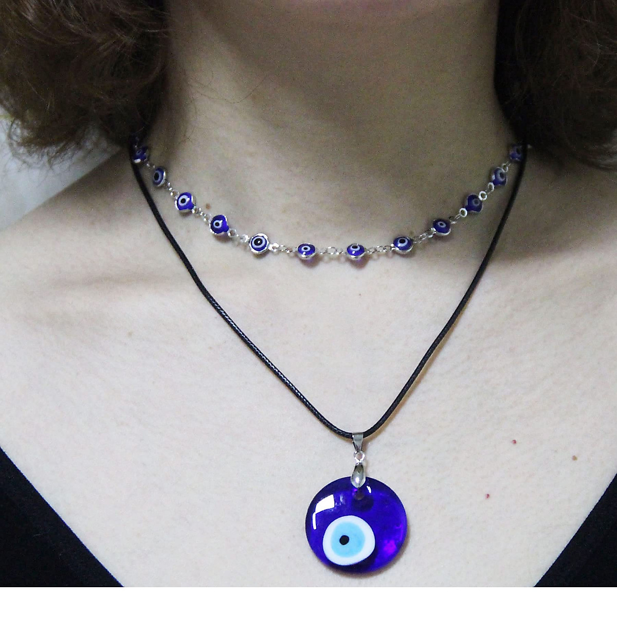 JDXN 4PCS Evil Eye Blue Glass Eye pendant Necklace Evil Eye Ring Set Plated Eye Rings Colorful Evil Eye Finger Ring For Women Girls (bule/Gold/Silver /4PCS)