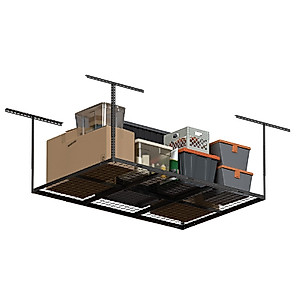 eShelf 4x6ft Overhead Garage Storage Rack, Heavy duty metal garage ceiling storage rack, 22''-40" Adjustable Ceiling Dropdown, 450lbs Loading Weight Capacity, Black