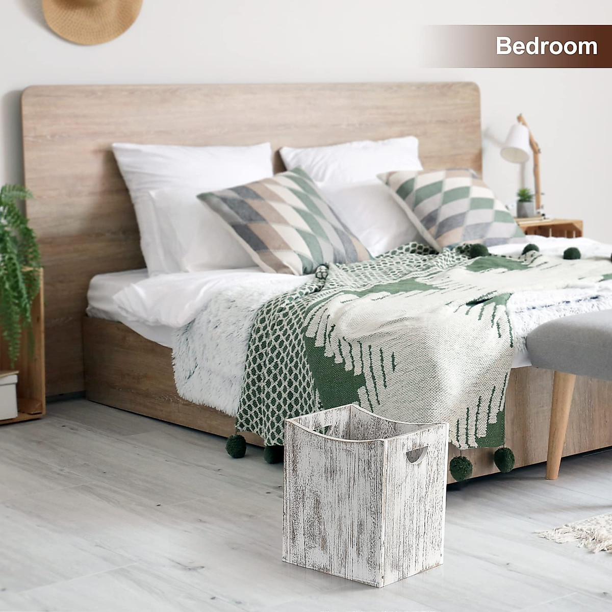 ETELI 2 Packs Wood Trash Can Rustic Waste Basket Small Wooden Garbage Can with Double Handles for Bedroom Bathroom Office Living Room, Rustic Grey White