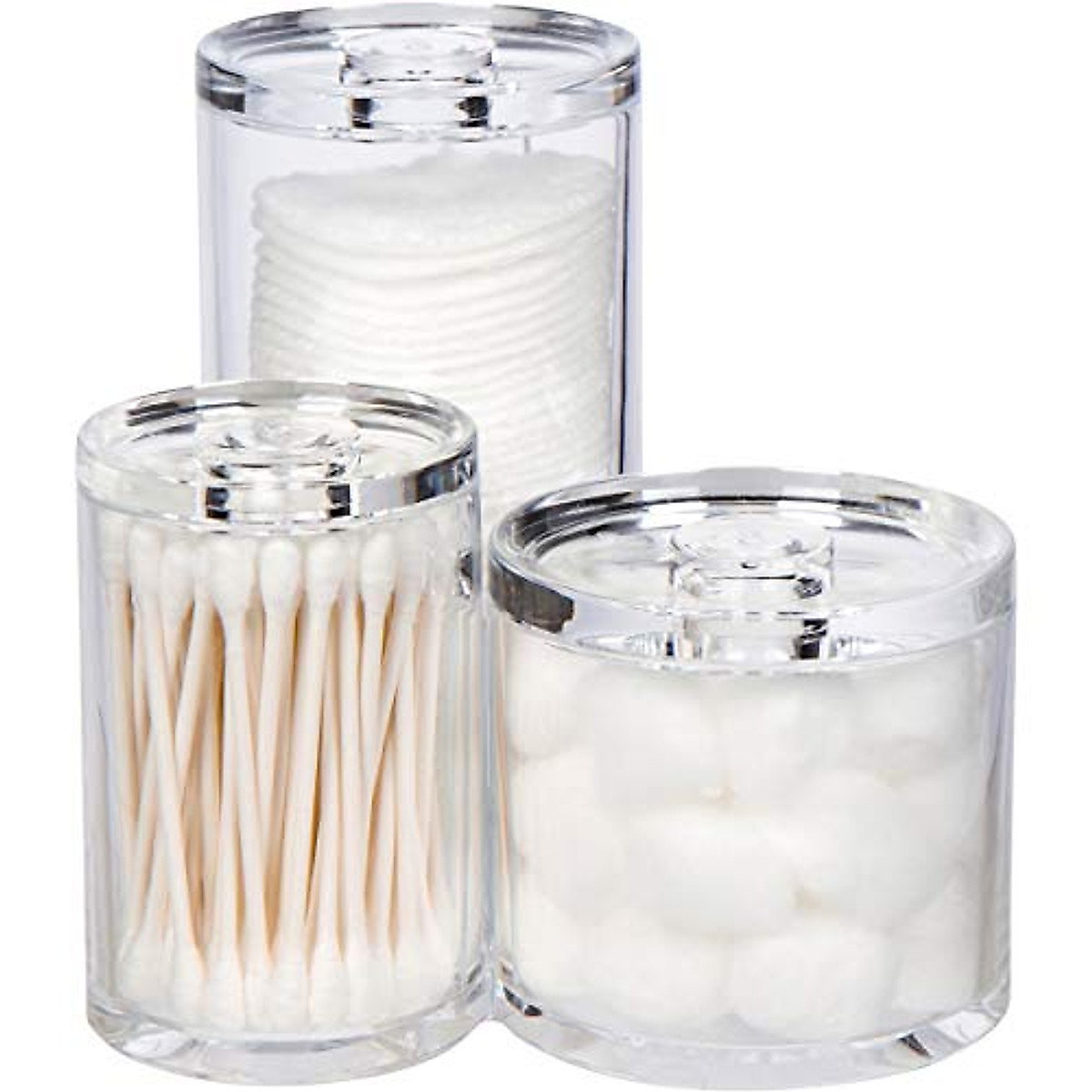 GROOVI Beauty Acrylic Triple Round Make Up Container (3 Towers Connected) Compact Size, Great Storage Container for Cosmetics/accs, for use in Bathroom or on Vanity, 5.5" x 5.9" x 5.25"