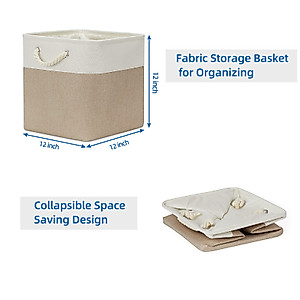 Temary 4 Pack Cube Storage Bins Cloth Baskets for Shelf, Fabric Storage Cubes 12 x 12 Baskets Gift Empty Baskets with Handles, Baskets for Storage (White&Khaki)