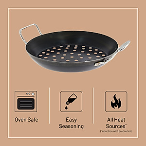 De Buyer Blue Carbon Steel Perforated Outdoor Fry Pan With 2 Handles - 2mm Thick - 11” Diameter, 8.3” Cooking Surface - Oven Safe - Naturally Nonstick - Made in France