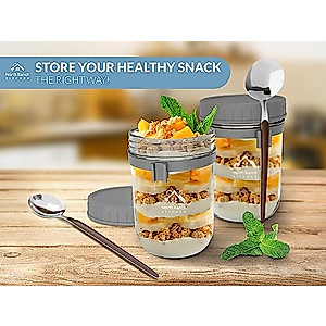 North Ranch Kitchen 16 oz overnight oats containers with lids - Jars with spoons and lids - made of premium borosilicate glass - 2x oatmeal jars with spoons & spoon holder