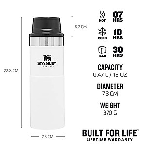 Stanley Trigger Action Travel Mug 0.47L Polar White – Keeps Hot for 7 Hours - BPA-free Stainless Steel Thermos Travel Mug for Hot Drinks - Leakproof Reusable Coffee Cups