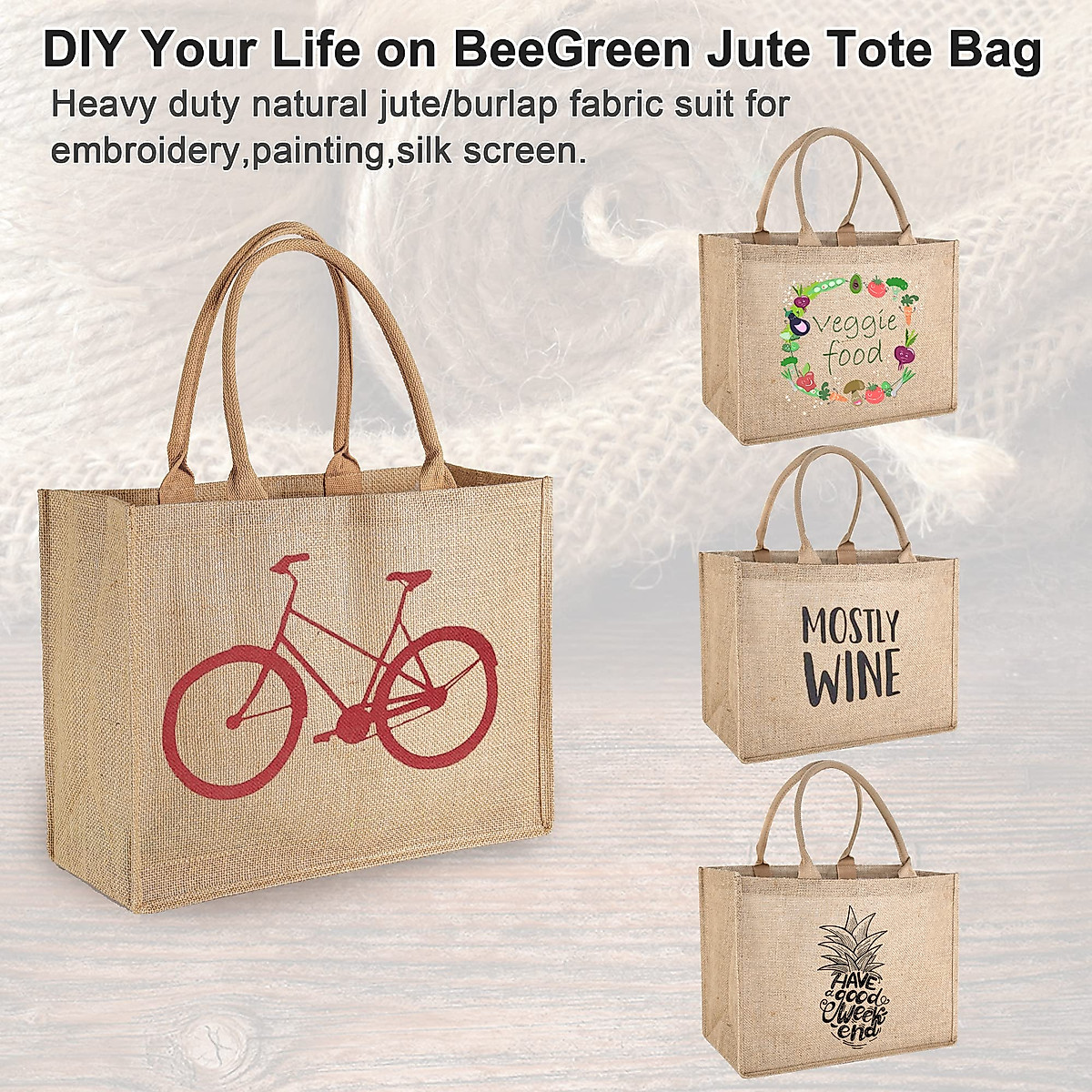 BeeGreen 8 Pack Burlap Jute Tote Bags Bulk X-Large Full Gusset with Inner Zipper Pocket & Cotton Handles Blank Burlap Bags for Beach Teacher Mother Bridesmaid Wedding DIY Decoration