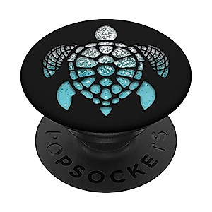 Silver Light Blue Turtle Phone Grip on a Black Pattern PopSockets Swappable PopGrip