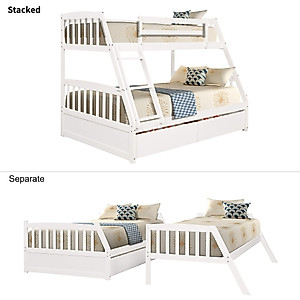 Merax Solid Wood Twin Over Full Bunk Bed with Two Storage Drawer, Removable Ladder and Safety Guardrail for Kids, Teens, Adults, Convertible to 2 Separated beds (White)