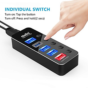 Powered USB Hub, atolla Aluminum 5-Port USB 3.0 Hub with 4 USB 3.0 Data Ports and 1 USB Smart Charging Port, USB Splitter with 5V/3A Power Adapter and Individual Switches