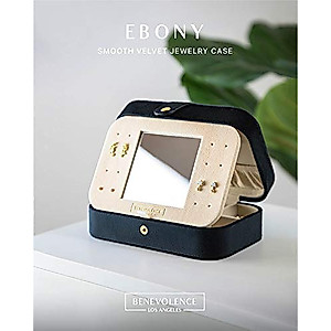 Plush Velvet Travel Jewelry Box Organizer | Travel Jewelry Organizer, Travel Jewelry Case | Small Jewelry Box for Women, Jewelry Travel Case | Earring Organizer Box with Mirror - Ebony