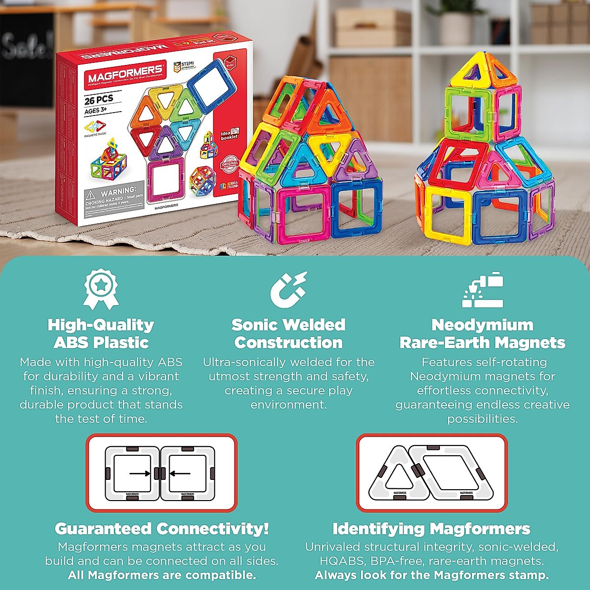 Magformers Rainbow 26PC Set | Magnetic Tiles Building Blocks, Educational STEM Toy Set | Magnetic Building Tiles for Kids to Develop Problem-Solving Abilities and Shape Recognition