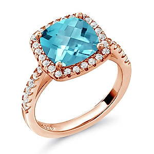 Gem Stone King 3.25 Ct Cushion Checkerboard Swiss Blue Topaz White Created Sapphire 18K Rose Gold Plated Silver Ring (Size 7)