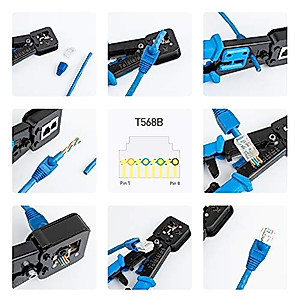 Cable Matters Modular RJ45 Crimp Tool for Pass-Through Connectors (Pass-Through Ethernet Crimper) with Built-in Wire Cutter and Stripper - 10-Pack Pass-Through Cat6 RJ45 Connectors Included