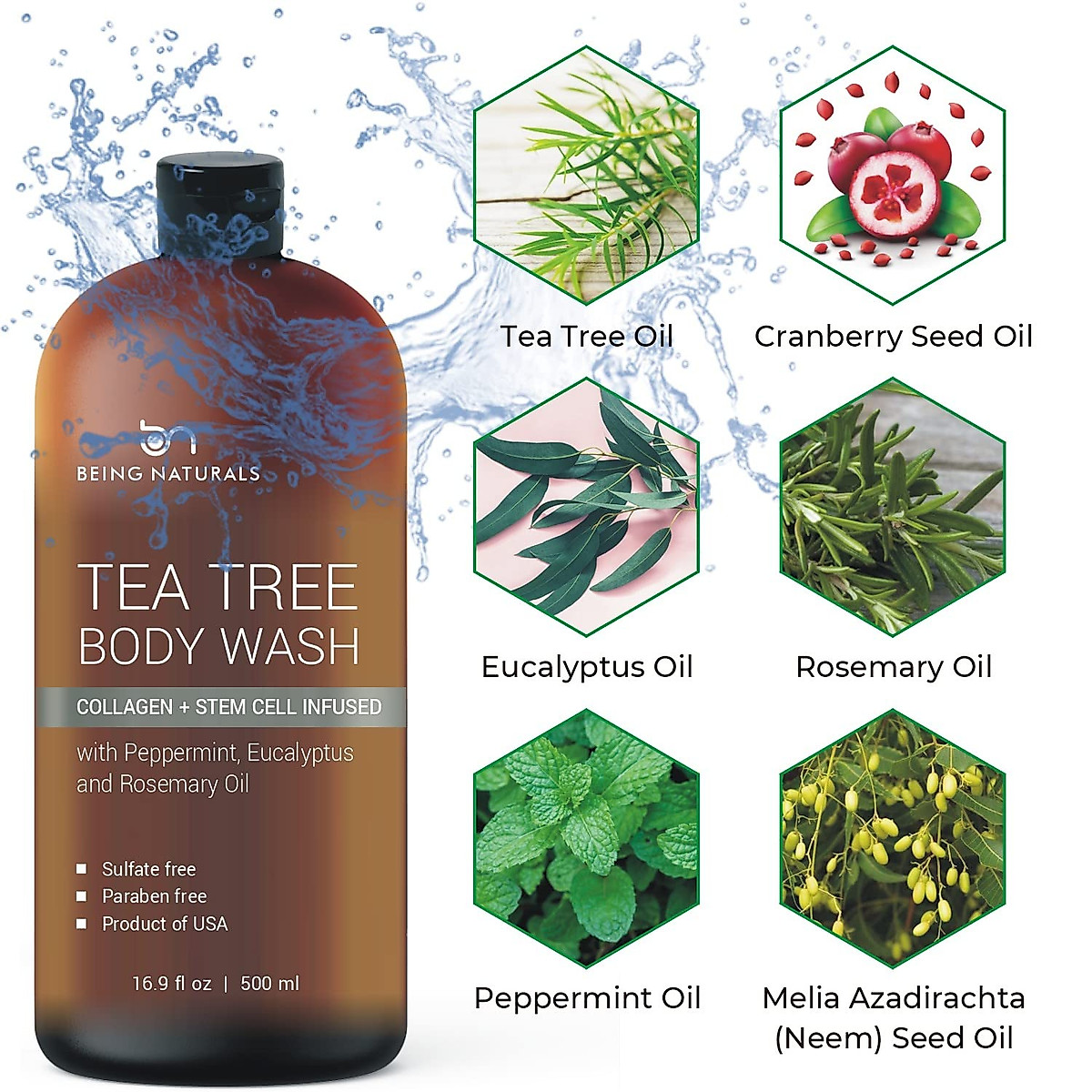 Tea Tree Body Wash -w/ Stem Cell, Collagen & TeaTree Oil Fights Body Odor, Acne, Athlete’s Foot, Jock Itch, Dandruff, Eczema, Yeast Infection, Shower Gel for Women & Men, Skin Cleanser 16.9 oz