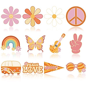 Colarr 60 Pieces Groovy Retro Hippie Boho Party Cutouts Decoration Retro Rainbow Butterfly Daisy Flower Cutouts Retro Bus Cutouts for Groovy Retro Hippie 60s 70s Party Decorations