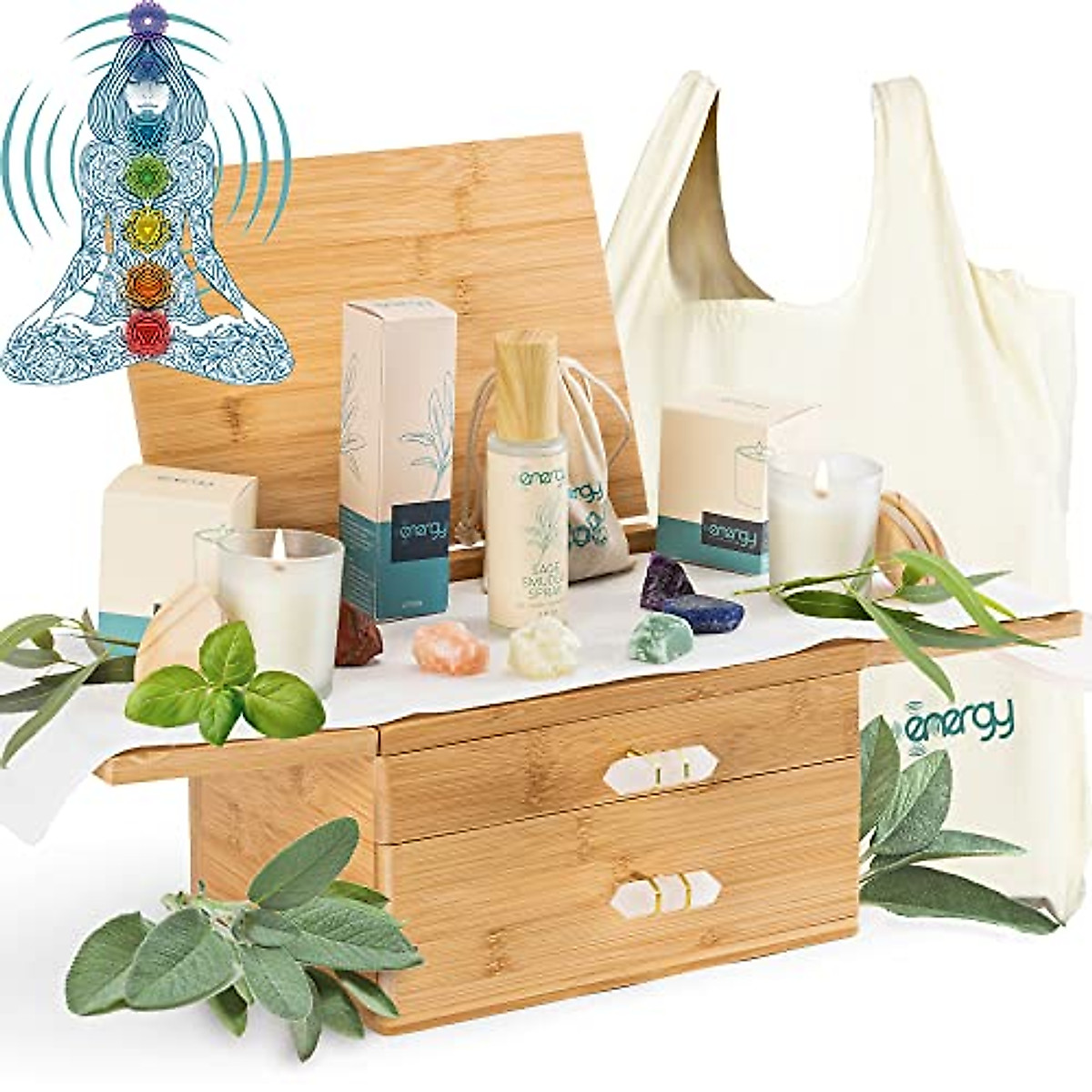 Energy Mindfulness Altar Starter Kit with Altar Cloth, Sage Spray, 2 Soy Wax Candles, 7 Chakra Healing Crystals - Bamboo Wooden Box with Fold-Out Table Top & Drawers with Quartz Crystal Handles