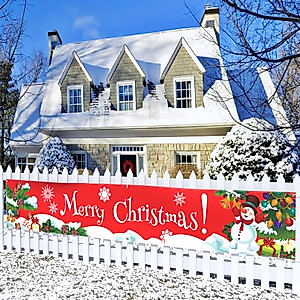 Large Merry Christmas Banner Xmas Outdoor Decorations Double Printed Snowman Santa Claus Tree Presents Winter 120" x 20" Huge Yard Sign Holiday Party Supplies Backdrop Home Decor Ornaments for Garden House Fence Garage Indoor Gifts