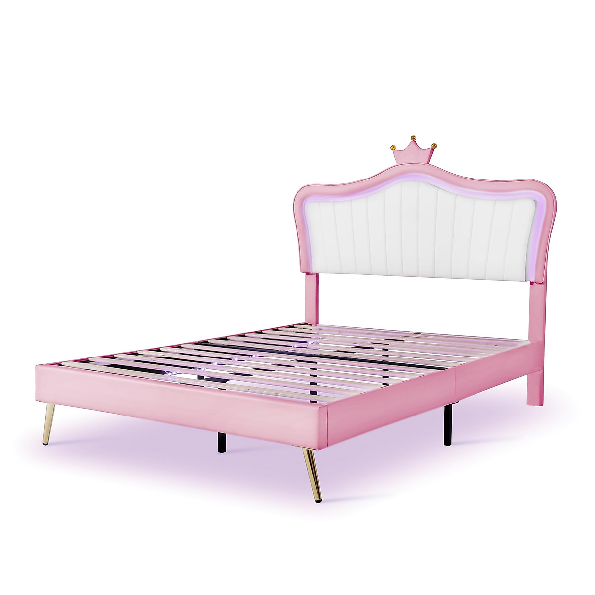 Queen Size Upholstered Princess Bed Frame with LED Lights and Crown Headboard,for Kids Boys Girls Teens Bedroom Use (Queen, White+Pink@LED Lights-)
