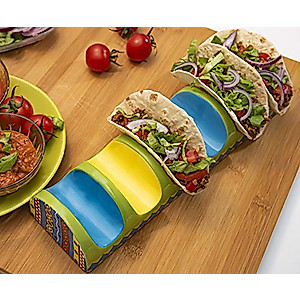 Ceramic Taco Holder Stand - Colorful Handmade Taco Stand with 6 Dividers - Taco Shell Holder for Soft or Hard Taco Shells for Taco Tuesday, 14 Inches Long by 4 Inches Wide