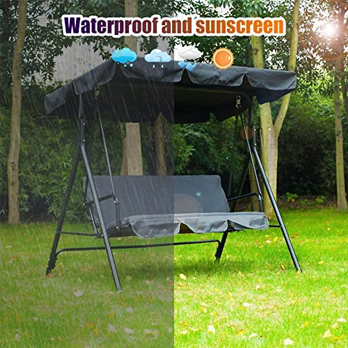 XYQSBY Garden Universal Replacement Canopy Swing Seat Chair 2 & 3 Seater Sizes Waterproof/Uv Resistant Patio Hammock Cover Top Roof for Outdoor Poolside Balcony,Gray,249x185x18cm