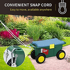 Portable Multi-Function Garden Cart with Seat and Wheels, Gardening Rolling Tool Cart with Storage Bin and Tool Tray, Outdoor Garden Stool and Wagon with Traction Rope for Weeding Gardening Lawn Care