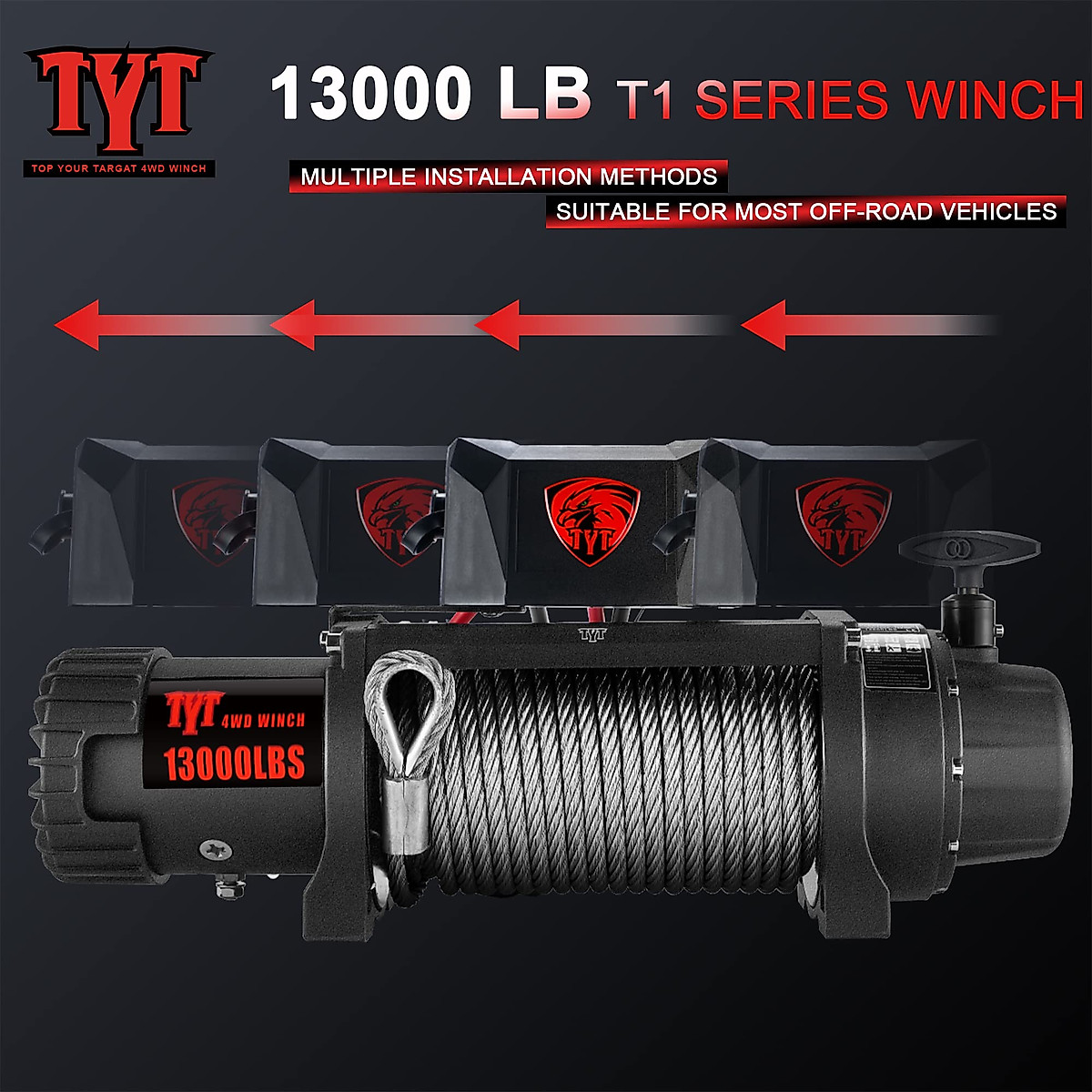 TYT T1 Series Winch 13000 lb. Advanced Load Capacity Electric Winch,12V Waterproof IP67 Electric Winch with Hawse Fairlead, Steel Cable Truck Winch with Wireless Handheld Remote and Wired Handle…