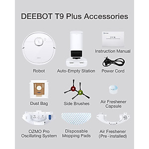 ECOVACS DEEBOT T9+ Robot Vacuum and Mop Combo with Auto-Empty Station, Precision Laser Mapping, 3D Maps, Oscillating Mopping, 3000Pa Suction, Hands-Free Cleaning for Up to 60 days, Air Freshener,White