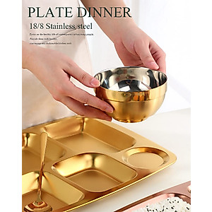 QOBIMOON 18/8 Stainless Steel Divided Plate, Food Trays 4 Section Dinner Plate with Bowl, Chosticks and Spoon, Camping Dishes, Adult Lunch and Dinner-Rainbow Color