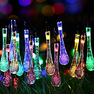 FlekmanArt Solar Water Drop Light - 23FT 30 LEDs Outdoor String Lights Christmas Multicolor Water String Lights Drop for Gardens Patio Yard Party Holiday Home Décor
